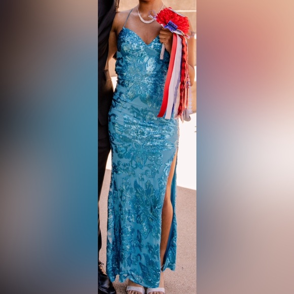 Dresses | Aqua Blue Maxi Dress With Slit And Crossed Open Back Less ...